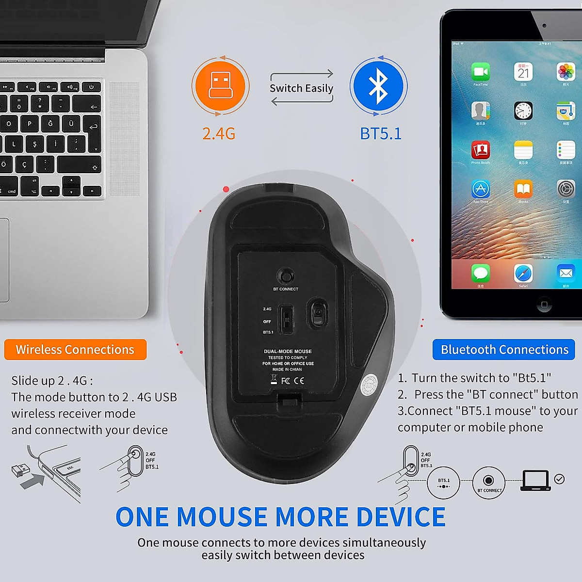 Greshare Gaming Mouse,2.4Ghz Optical Mice with Wireless Bluetooth Dual Mode Connection RGB Colorful Luminous for Computer/Win/Mac/Linux/Andriod/iOS. (Black)