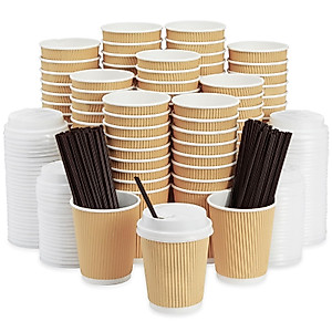 Juvale 100 Pack 8 oz Insulated Disposable Coffee Cups with Lids - Kraft Paper Cup with Stirring Straws for Hot Drinks, Beverages