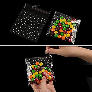 400PCS White Polka Dot Treat Bags Self Adhesive Candy Cookie Bags, 200 Clear Cellophane Bags + 200 Thank You Sticker for Bakery Biscuit Snacks Dessert,3.94x3.94Inches