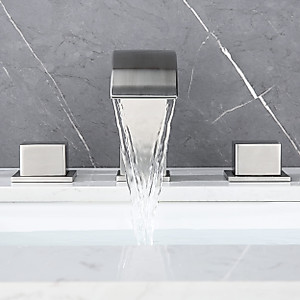 Waterfall Bathroom Faucet Brushed Nickel - Widespread 2 Handle 8 Inch 3 Hole Bathroom Sink Faucet, Basin Faucet Mixer Taps with cUPC Faucet Supply Line Hoses for Bathroom Restroom Vanity Lavatory