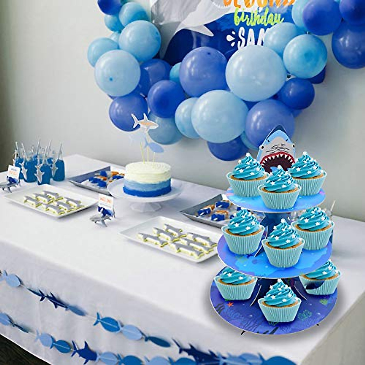 Cardboard Ocean Shark Cake Stands 3 Tire Cupcake Stands Mini Cake Stand Reusable Kid Birthday Baby Shower Party Supplies Dessert Stand…