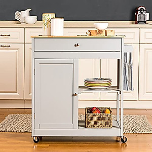 Glitzhome Kitchen Island with Storage Kitchen Cart on Wheels Rolling Kitchen Cart Island Table with Tower Holder Spice Rack Drawer for Dining Room Kitchen, 34.25”H, Gray