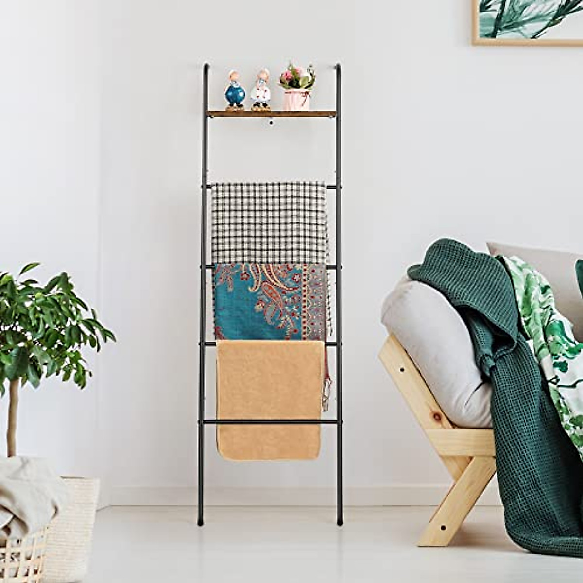 Blanket Ladder Farmhouse Decorative Ladder Holder with Storage Shelf, Wall Leaning Towel Racks for Bathroom, Living Room, Bedroom, Laundry Room, Black