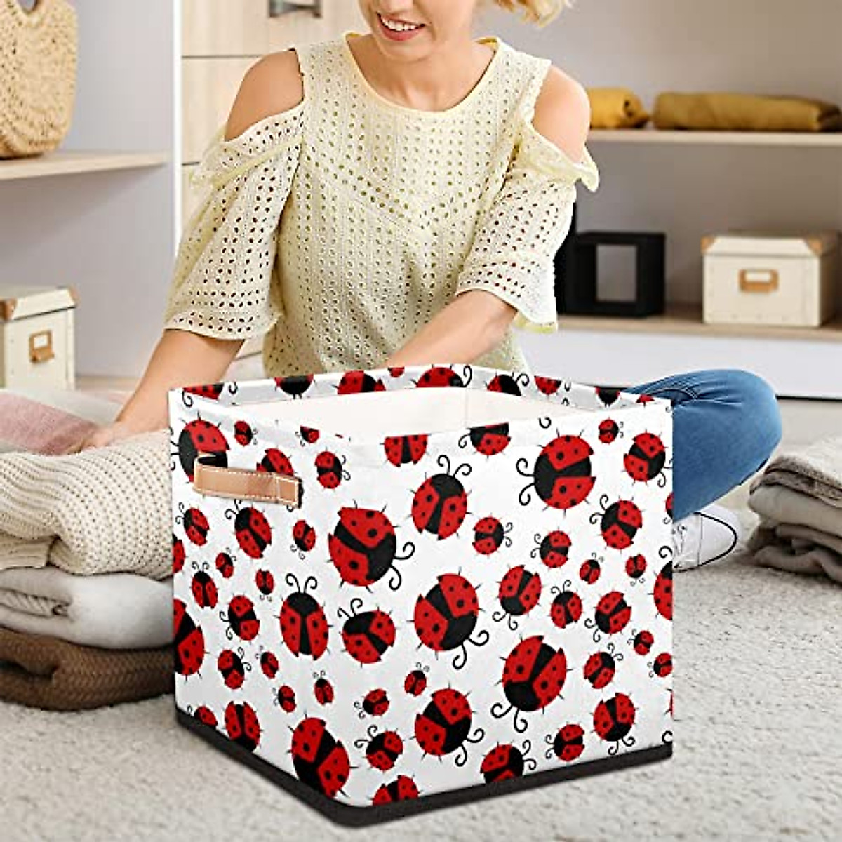 Animal Ladybugs Storage Cube Basket 13x13 Foldable Storage Organizer Container with Handle for Shelves Closet Bedroom Home Decor