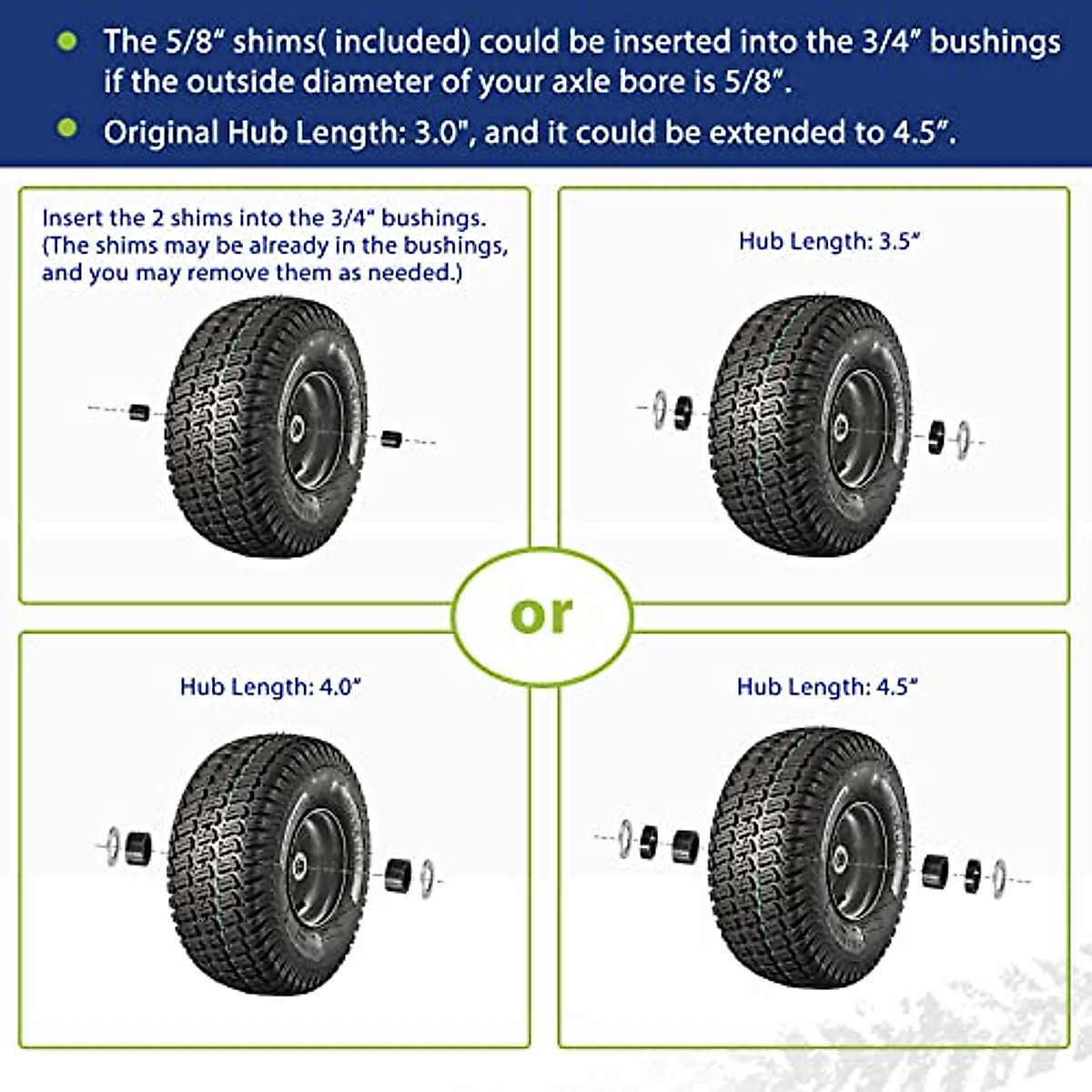 MaxAuto 2Pcs 15X6.00-6 Front Tire and wheel Assembly Replacement for Craftsman John Deere Riding Mowers, 3" Centered Hub with 3/4" Axle Bore,Dark Gray Rim
