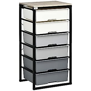HOMCOM Dresser Storage Drawers with 6 Plastic Bins and Steel Frame, Crafting Bins for Living Room, Bedroom, Grey