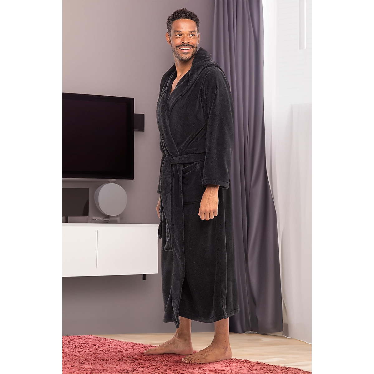 Alexander Del Rossa Mens Robe, Plush Fleece Hooded Bathrobe Men, Men's Bathrobes, Big and Tall Bath Robe for Men Black XL (A0125BLKXL)