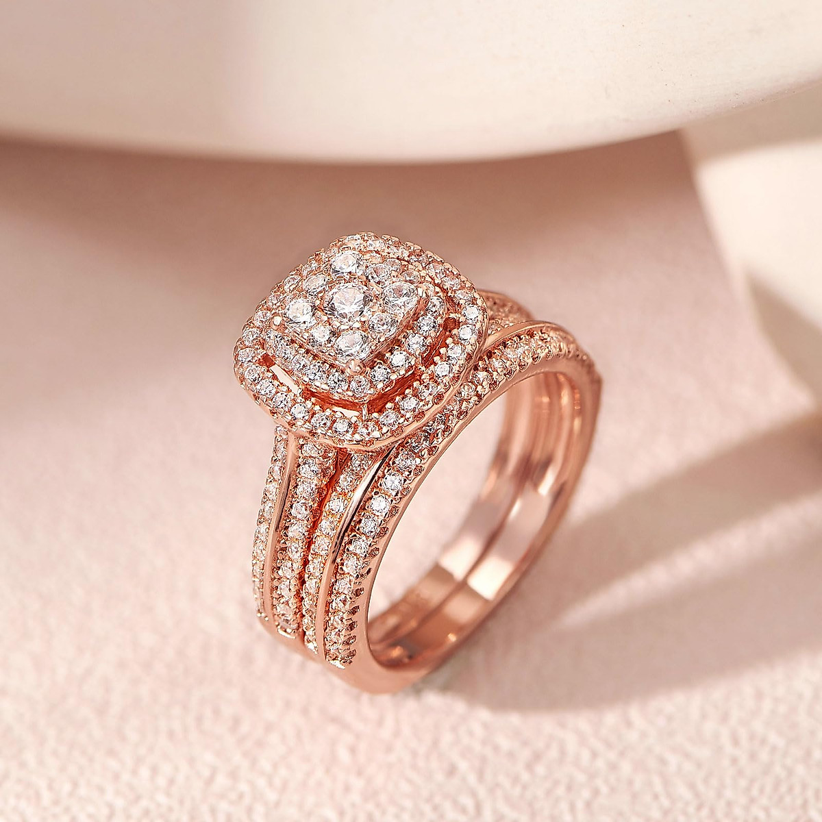 SHELOVES Womens Double Halo Rose Gold Wedding Engagement Ring Set 925 Sterling Silver Cubic Zirconia Sz 7