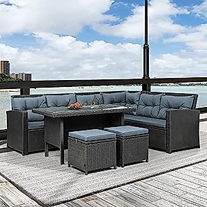 GODAFA 7 Seating Outdoor Patio Furniture Sectional Sofa Set, All-Weather L Shaped Couch with Glass Table, Ottomans for Backyard Porch Poolside, 1, Black
