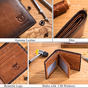 BULLCAPTAIN Wallets for Men with Double Zip Coin Purse Bifold Vintage Genuine Leather Slim Front Pocket Wallet Money Clip QB-5#3(Brown)