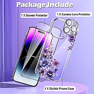 OKP Case [3 in 1] for iPhone 14 Pro, with Screen Protector & Camera Lens Protector, Floral Slim Shockproof Cute Phone Case 6.1 inch 2022 Clear Glitter Protective Cover for Women Girl, (Purple/01)