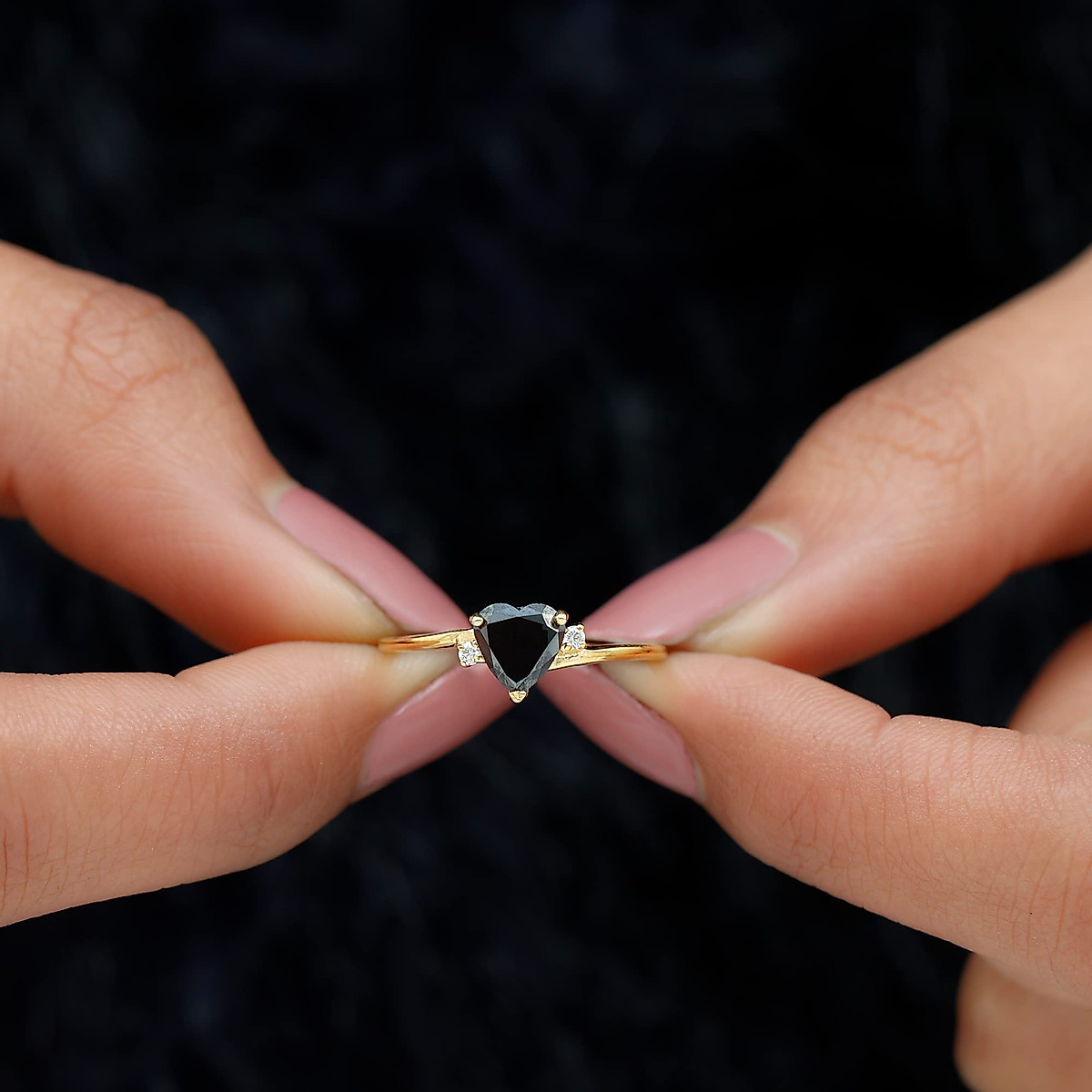 Certified Heart Shape Created Black Diamond Promise Ring for Women with Diamond | 1 Cttw | AAAA Quality, 14K Yellow Gold, Size:US 5.50