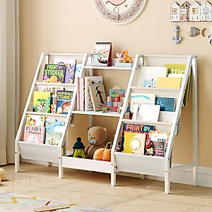 MAHANCRIS Kids Bookshelf and Toy Organizer, 3-Tier Kids Bookcase, Kids Sling Bookshelf, Toddler Toy Storage Organizer with Bookshelf, for Kids Room, Playroom, Bedroom, Nursery, White BKWT34201