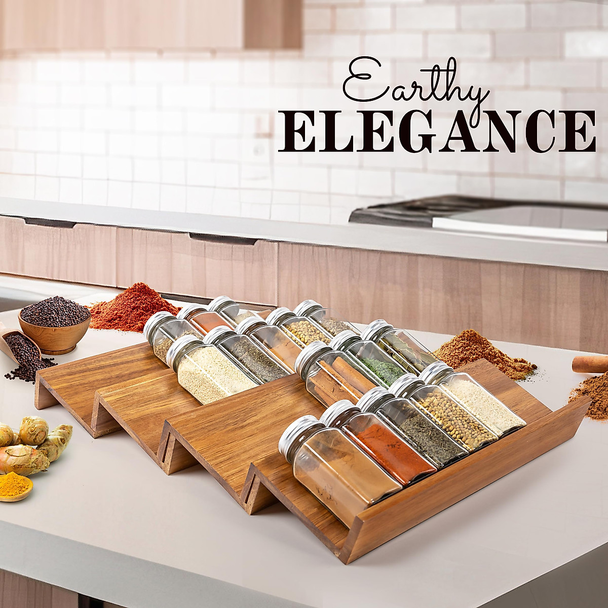 Kitchen Spice Drawer Organizer made with Acacia Wood, Space Saving 4 Tier Spice Drawer Inserts 13" Wide - Fits 4.5" Deep Cabinet Drawers, Can use as Countertop display, Wooden Spice Racks by MesiKit…