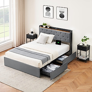 Amyove Queen Bed Frame with 4 Storage Drawers and Charging Station, Grey Queen Upholstered Bed Frame with Storage Headboard, No Box Spring Needed, Noise-Free Easy Assembly (Queen)