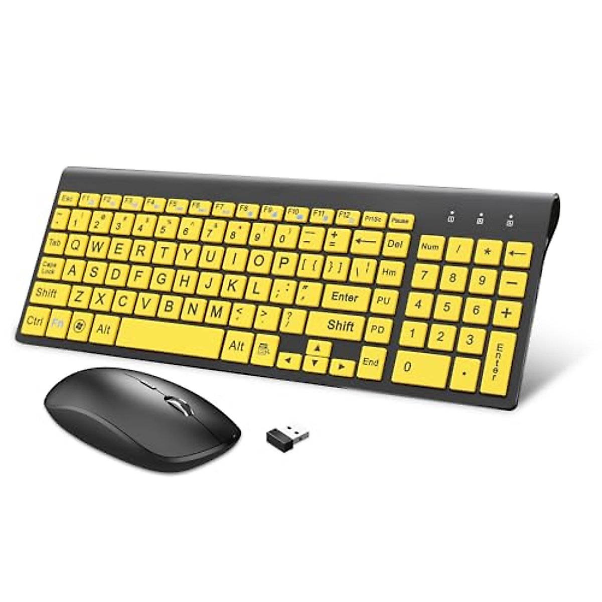 HXMJ-Wireless Large Print Keyboard and Mouse Combo with USB Receiver for Seniors and Visually Impaired Low Vision Individuals-Yellow