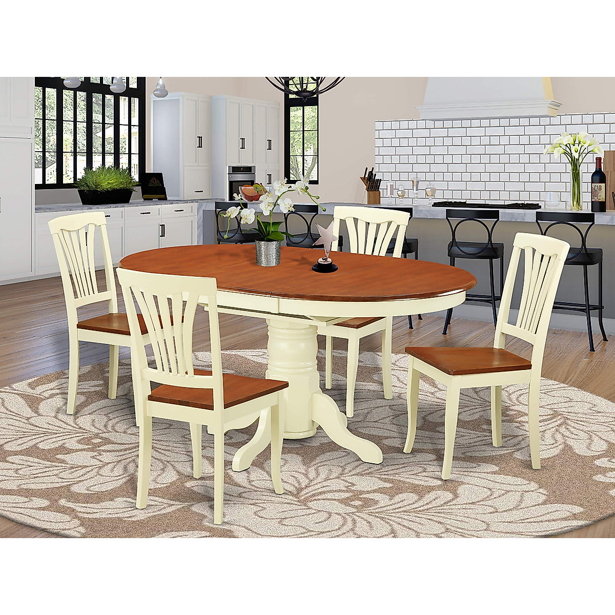 East West Furniture Avon 5 Piece Room Furniture Set Includes an Oval Wooden Table with Butterfly Leaf and 4 Kitchen Dining Chairs, 42x60 Inch, Buttermilk & Cherry