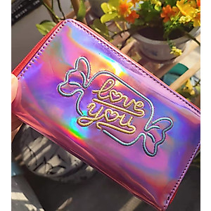 NC Slim Pink wallets for Girls Women, Cute Holographic Luminous Zipper Card Holder Cellphone Handbag Clutch Purse Wallet for Little Girls