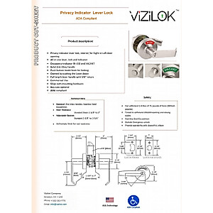 VIZILOK ADA Compliant, Single Egress Indicator Privacy Lock C5FN-L Durable ANSI Grade 2 Comp Commercial LeftHanded Non Reversible in-Use or Vacant Push Button Lever - Satin Nickel
