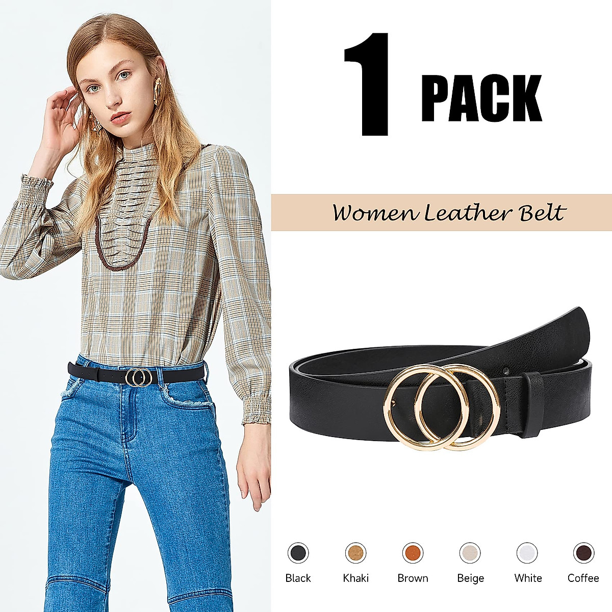 NBLYOS 1 Pack Women Belts Faux Leather for Jeans Fashion Belt with Gold Buckle Ladies Dress Belt(M,US,black)