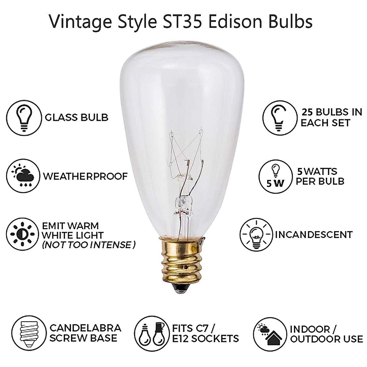 SUNSGNE 25Ft Outdoor String Lights with 27 Edison Bulbs (2 Spare), Waterproof Connectable ST35 String Light for Backyard Porch Balcony Party Decoration, E12 Socket Base, Black Wire