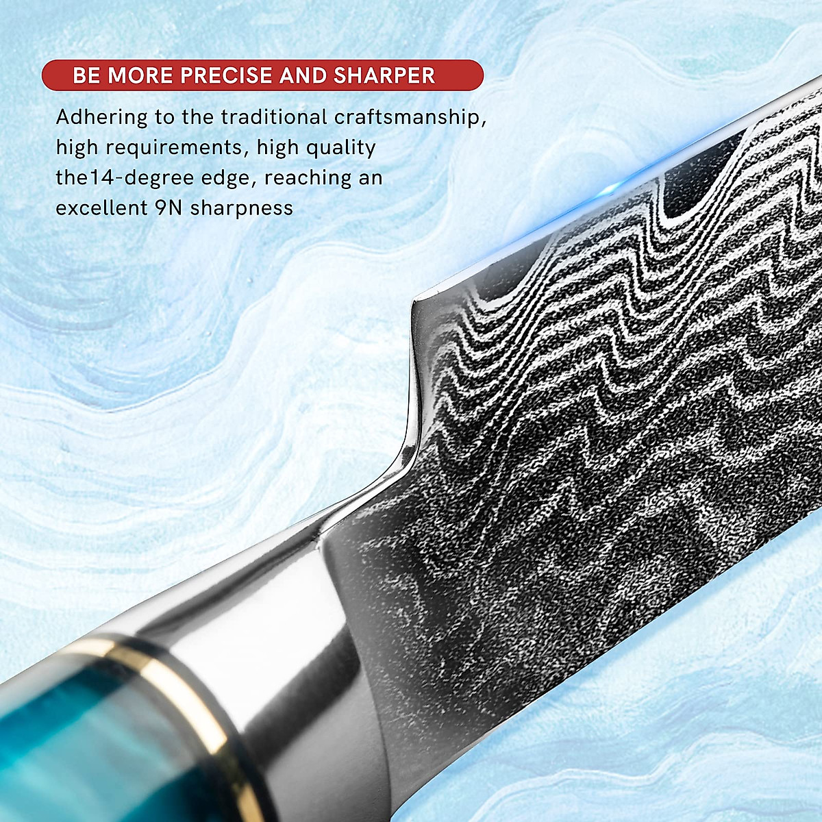 WAK Professional Sharp Kitchen Utility Knife 5 inch, High Carbon Stainless Steel Damascus Cooking Knife, Japanese Cutlery Knife with Non-stick Blade, Blue Resin Wood Ergonomic Handle