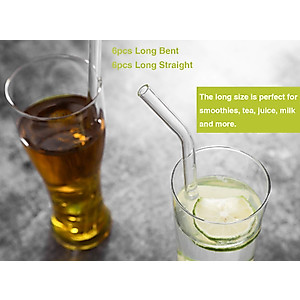 Emica 10"x10mm Long Reusable Glass Straws, Clear Drinking Straws for Smoothie, Milkshakes, Tea, Juice-12 Pack Including 6 Straight and 6 Bent with 2 Cleaning Brush, Perfect for Hot or Cold Drinks