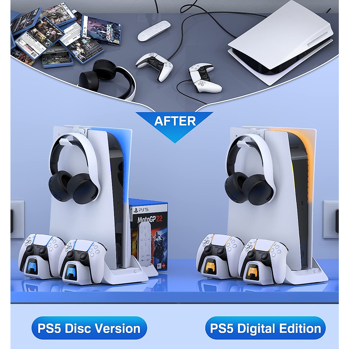 PS5 Stand with Cooling Station&Dual Controller Charger for Playstation 5 PS5 Console, CYKOARMOR PS5 Accessories with 5V/3A Adapter, PS5 Base with Cooler Fan, Charging Dock and Game Holder White