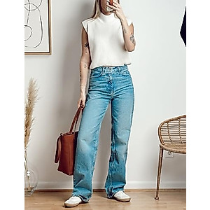 Hooever Women's Turtleneck Sleeveless Knitted Tank Tops Shoulder Pads Sweater Vest(White-S)