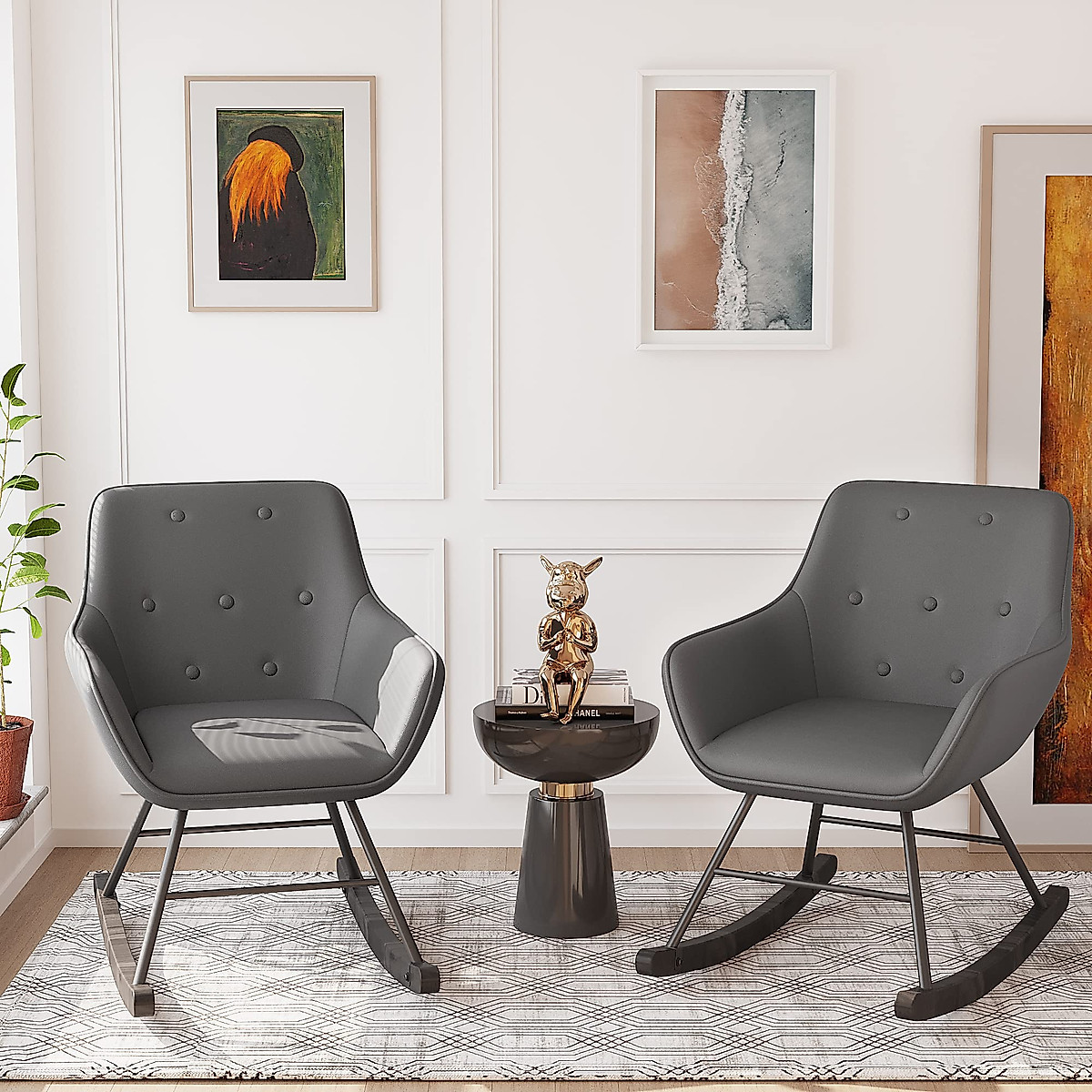 WENTMENT Rocking Chairs Nursery Set of 2, Curved Backrest Rocking Accent Chairs with Solid Wood Base Upholstered Glider Rocker for Living Room Bedroom Baby Room (Grey)