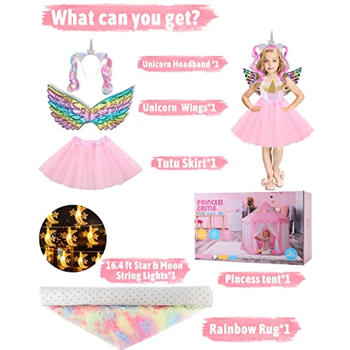 AÖARLO Princess Play Tent with Rainbow Rug and Lights, Odorless Princess Tent for Girls 3-7, Indoor Play Tent Toy House, ASTM Certified Mosquito Prevention, 55'' X 53'' (DxH)