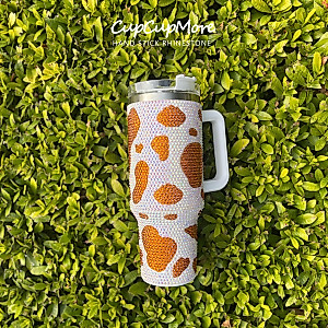 Cupcupmore 40oz Coffee Cow Bling Rhinestone Stainless Steel Sippy Tumbler Glitter Vacuum Insulated Water Bottle with Straw & Lid & Handle,Thermos for Hot & Cold Drinks,Car Cup Holder,Coffee