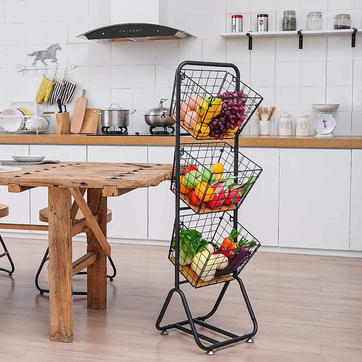 X-cosrack 3-Tier-fruit-Wire-Market-Basket-Stand Kitchen Snack Vegetable Metal baskets Storage Tiered Wire Basket Organizer Free-Standing for Fruit Vegetable Storage Pantry Bathroom (Bamboo)