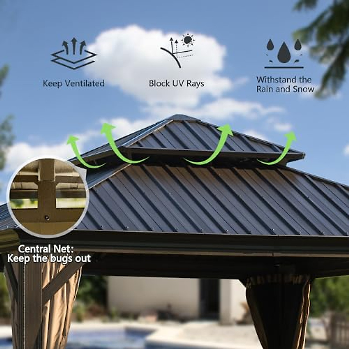 Domi Outdoor Living 12’ X 12’ Hardtop Gazebo, Outdoor Aluminum Frame Canopy with Galvanized Steel Double Roof, Outdoor Permanent Metal Pavilion with Curtains and Netting for Patio, Backyard and Lawn