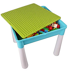 burgkidz Kids 5-in-1 Multi Activity Table Set - Building Block Table with Storage - Play Table Includes 1 Chair and 130 Pieces Compatible Large Bricks Building Blocks for Ages 2 and Up (Blue)