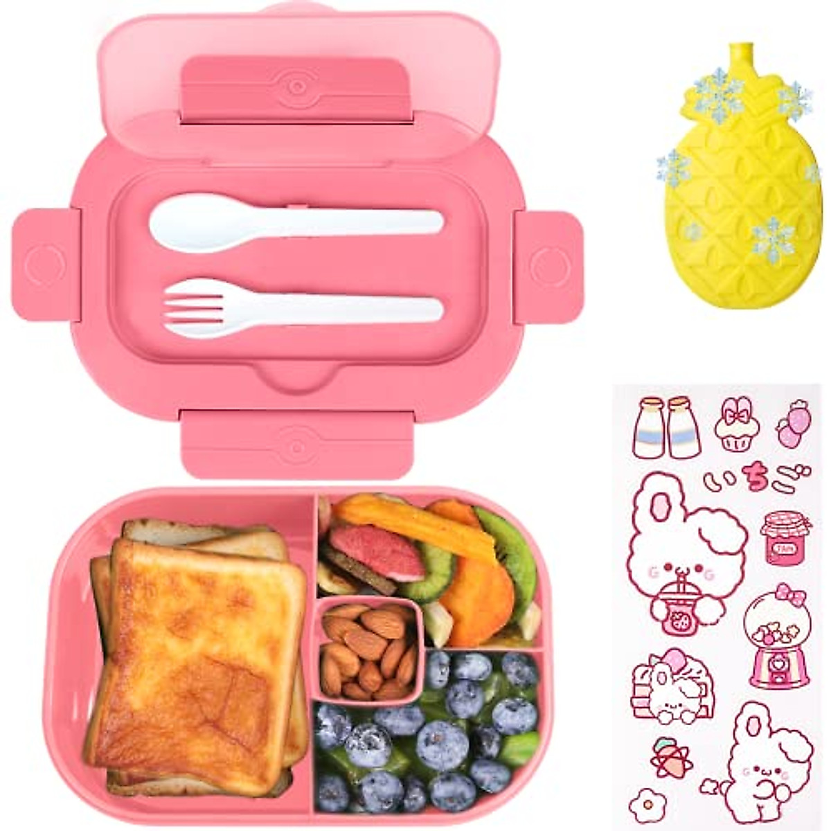 Bento Lunch Box for Kids with Ice Pack, 40oz 4-Compartment Leak Proof Lunch Box Container for Kids Girls/Teens/Adults with Utensils & Sticker, Microwave/Dishwasher/Refrigerator Safe, BPA Free, Pink