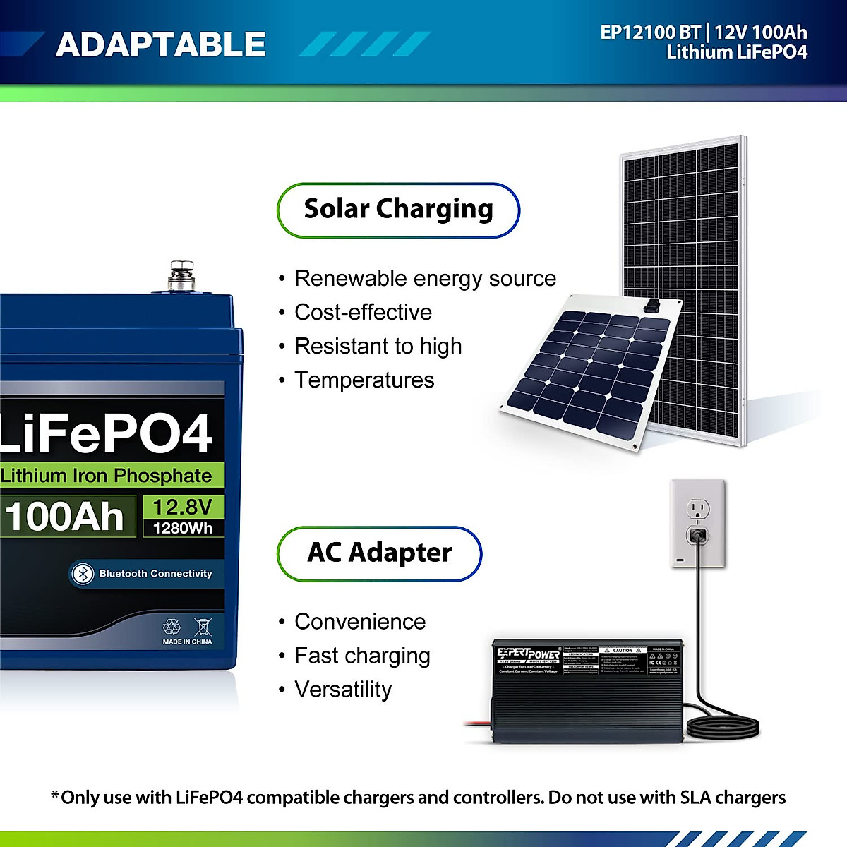 ExpertPower 12V 100Ah Lithium LiFePO4 Deep Cycle Rechargeable Battery | Bluetooth | 2500-7000 Life Cycles & 10-Year Lifetime | Built-in BMS | RV, Van, Solar, Trolling Motor, Overland, Off-Grid