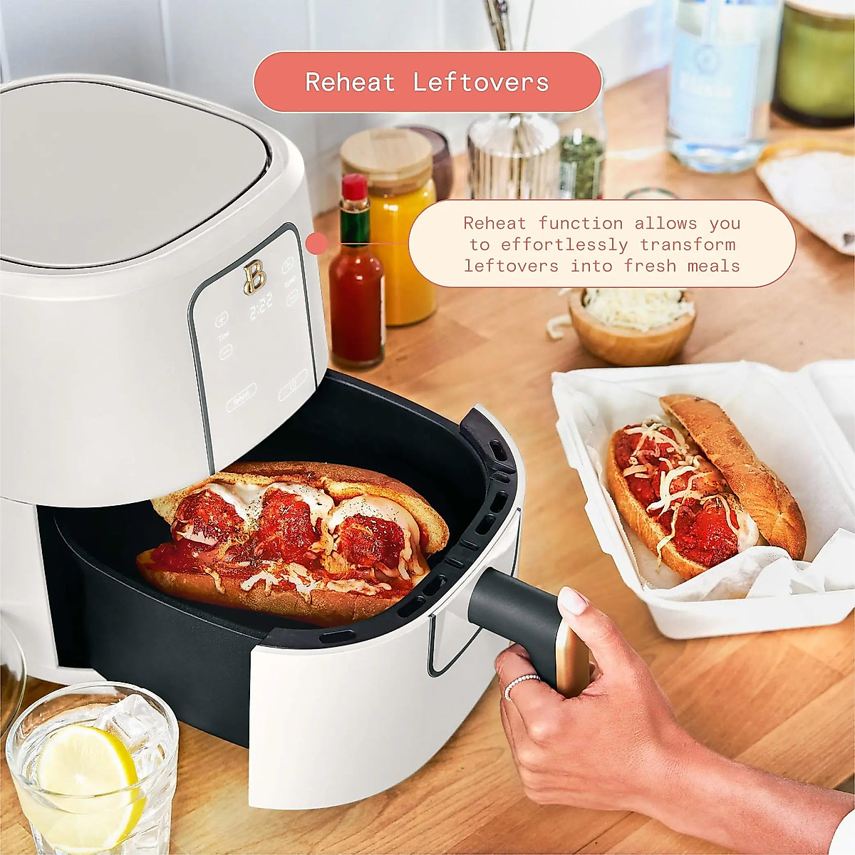Beautiful 3-quart Touch-screen Display Air Fryer with Adjustable Temperature Compact Space-saving 4 Preset Functions whiteicing By Drew Barrymore