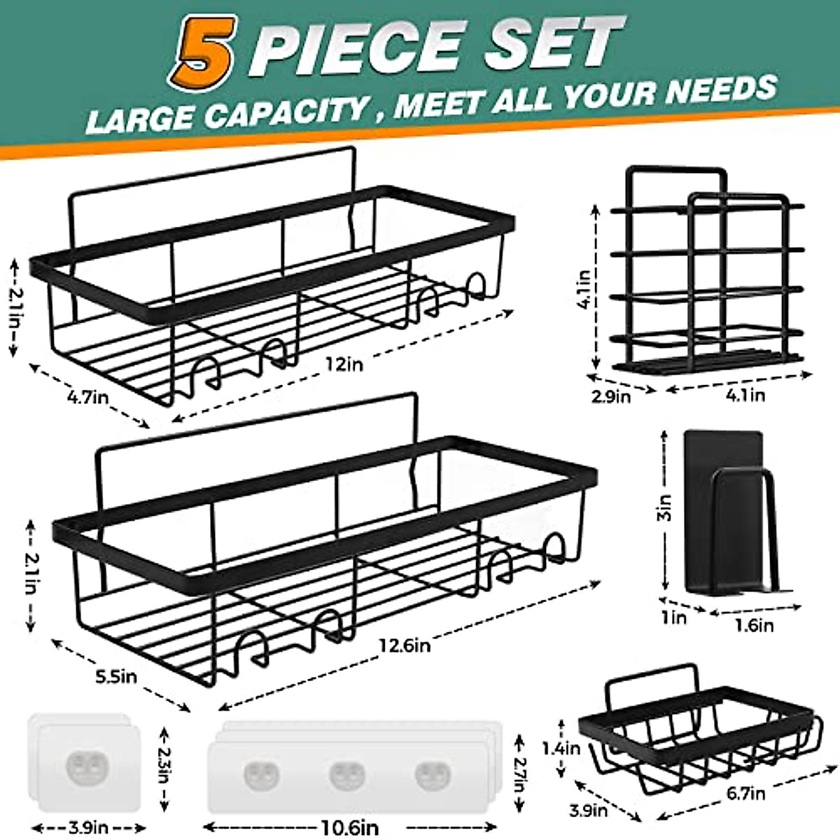 Shower Caddy, 5-Pack Shower Shelves Adhesive Shower Organizer No Drilling, Large Capacity Rustproof Stainless Steel Bathroom Show Shelf With Soap Holder, Food Storage Basket for Kitchen Storage