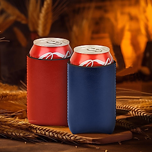 SIDESUGAR PU Leather 12oz Can Cooler Sleeve Soda Pop Cans Coolers Sleeves Beverage Insulator Holder Beer Bottles Coolers 12 OZ Standard Beer Can Sleeves Holders 4 Pack - Black/Orange/Red/Blue