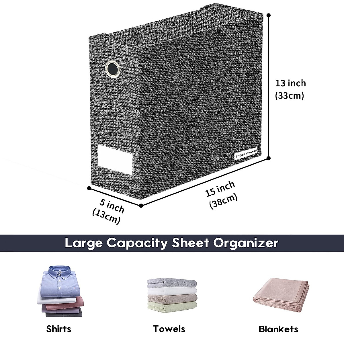 Friday Monkey King & Queen Size Foldable Bed Sheets Set Organizers and Storage 4 Pack, Bedding Storage Box for Bed Sheets, Duvet Covers, Blankets, 15" Dx 13" W x 5.1" H, Linen-like Black, ZMACBBP4