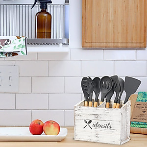 Kitchen Utensil Holder Organizer with 2 Compartments,Wood Flatware Silverware Organizer Rustic Farmhouse Utensil Caddy for Countertop Decor,Wall Mounted Kitchen Organizer and Storage Cutlery Caddy