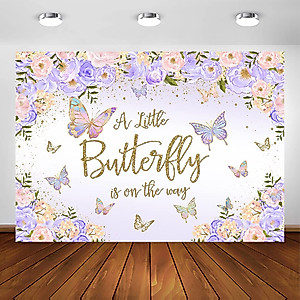Avezano Butterfly Baby Shower Backdrop for Girl's Purple Floral Pastel Butterflies Baby Shower Background Pink Lilac Purple Gold Butterfly Kisses and Baby Wishes Sprinkle Party Decorations (7x5ft)