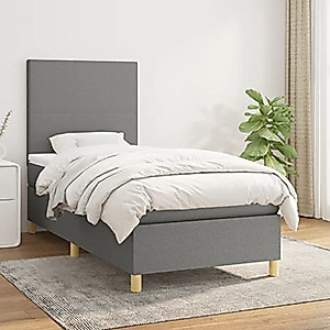 vidaXL Bed Frame, Box Spring Bed Single Platform Bed with Mattress, Bed Frame Mattress Foundation with Headboard for Bedroom, Dark Gray Twin Fabric