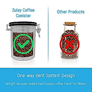 Zulay (Large) Airtight Coffee Canister - Stainless Steel Coffee Storage Canister with Scoop - Features Include a Date Tracker, Built-In One-Way CO2 Valve & 2 Spare Filter Replacements