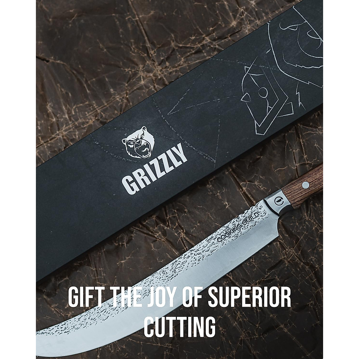 The Cooking Guild Slicer Knife - 12 Inches - Grizzly Series - San Mai Steel Japanese Slicing Knife with Hammered Finish - Rosewood Handle Meat Slicer - Rust-Resistant