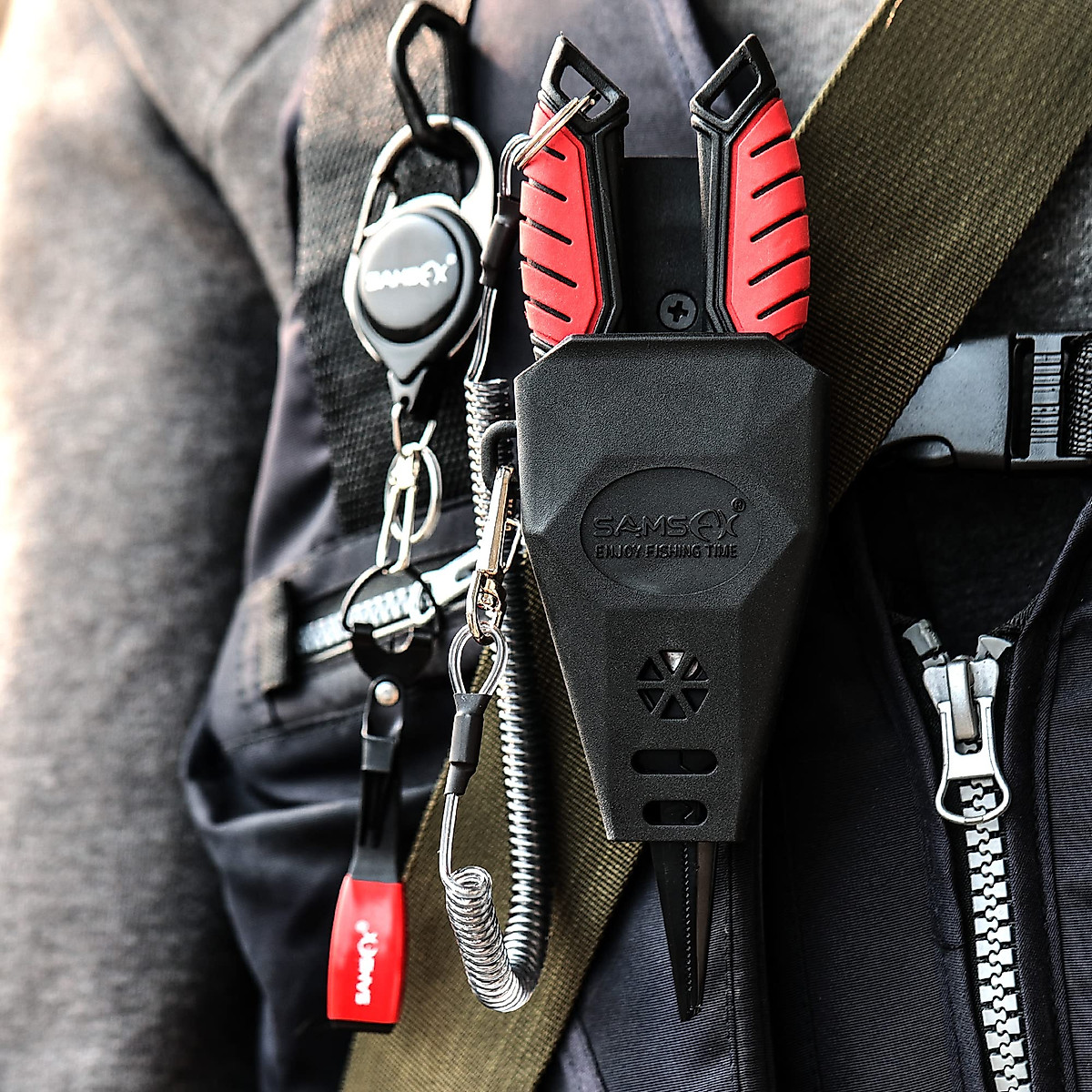 SAMSFX Fishing Pliers Fishing Gear with Rubber Handle, Lanyard, Braided Line Cutter and Sheath, Ice Fishing Gear, Fishing Gifts for Men (7.5'' Split Ring Nose Plier and Fishing Knot Tool)