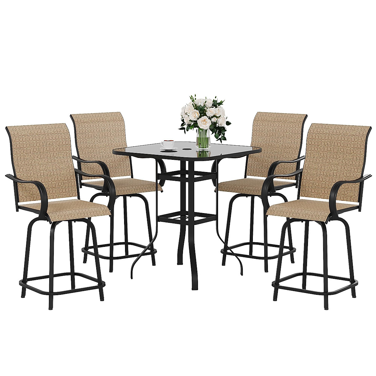 VONZOY 5 Pieces of Patio Swivel Bar Stools Set with 4 Outdoor Bar Height Chairs and 1 Bar Table - High Top Bistro Set for Deck, Pool, Garden, Backyard - All-Weather Metal Frame Textilene Fabric, Brown