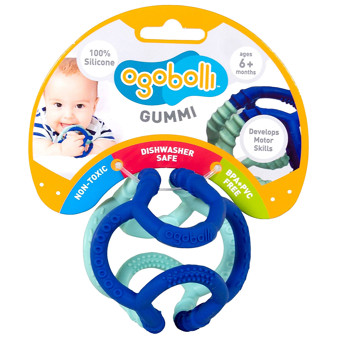 OgoBolli Gummi Teething Ring Textured Sensory Ball Toy for Babies & Toddlers - Stretchy, Soft Non-Toxic Silicone - Age 6+ Months - Blue Blueberry
