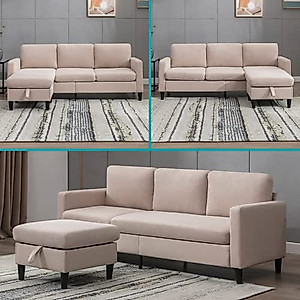 BALUS Sectional Sofa Bed, 85" W Linen Sleeper Couch with Storage Ottoman, Convertible Sleeper Sofa, Couches for Living Room, Chaise Lounge Indoor, Easy Assembly, Beige